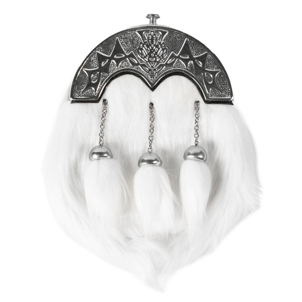 Chrome Modern Thistle Cantle Sporran - White Synthetic Fur | Scotland ...